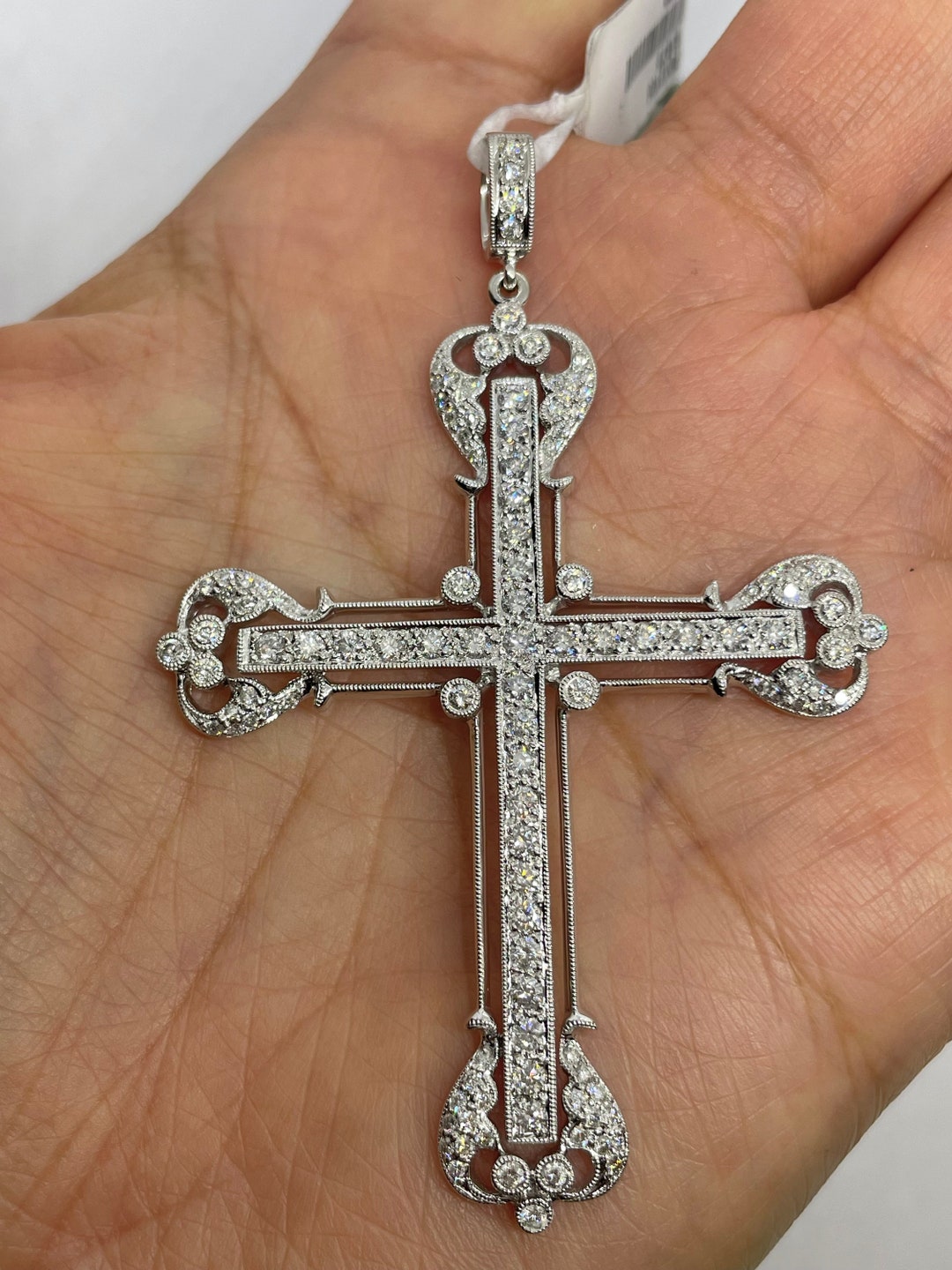 Big Diamond Cross, 18K White Gold Art Deco Cross, Diamond Cross Pendant ...
