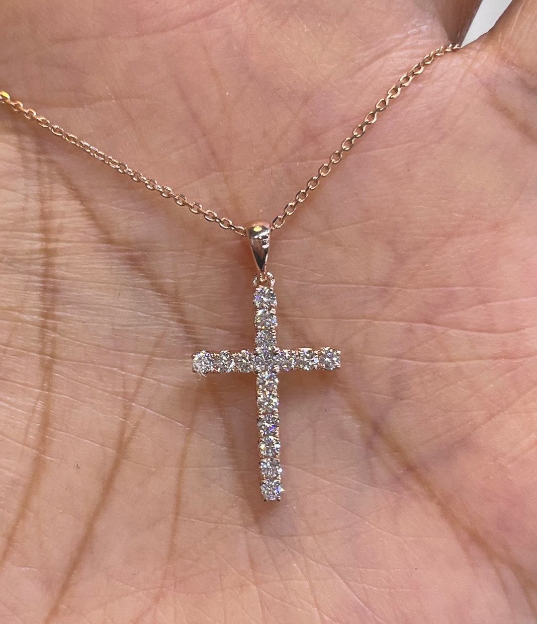 Genuine Diamond Cross, Diamond Cross Necklace, 14K Rose Gold Diamond ...