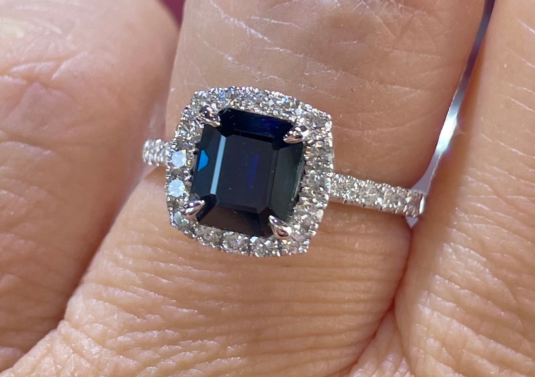 Sapphire Diamond Engagement Ring, 18K White Gold Square Cut Sapphire ...
