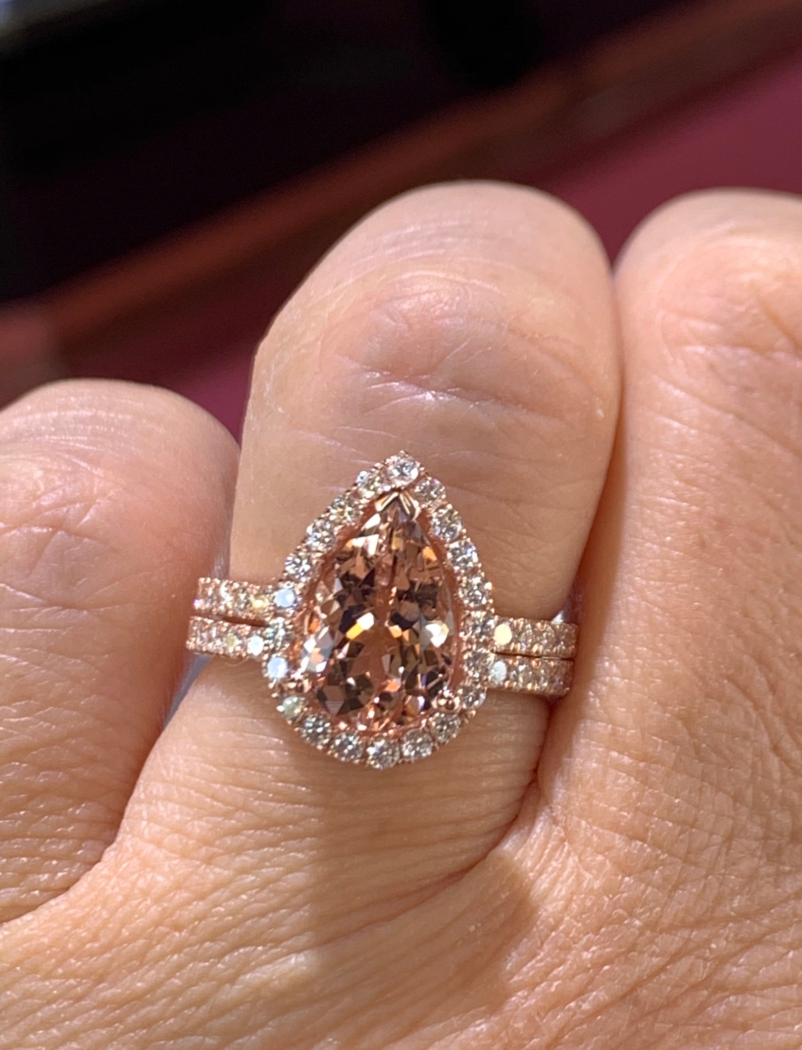 Pear Morganite Ring Set, 14K Rose Gold, Lab Diamond Halo - Etsy