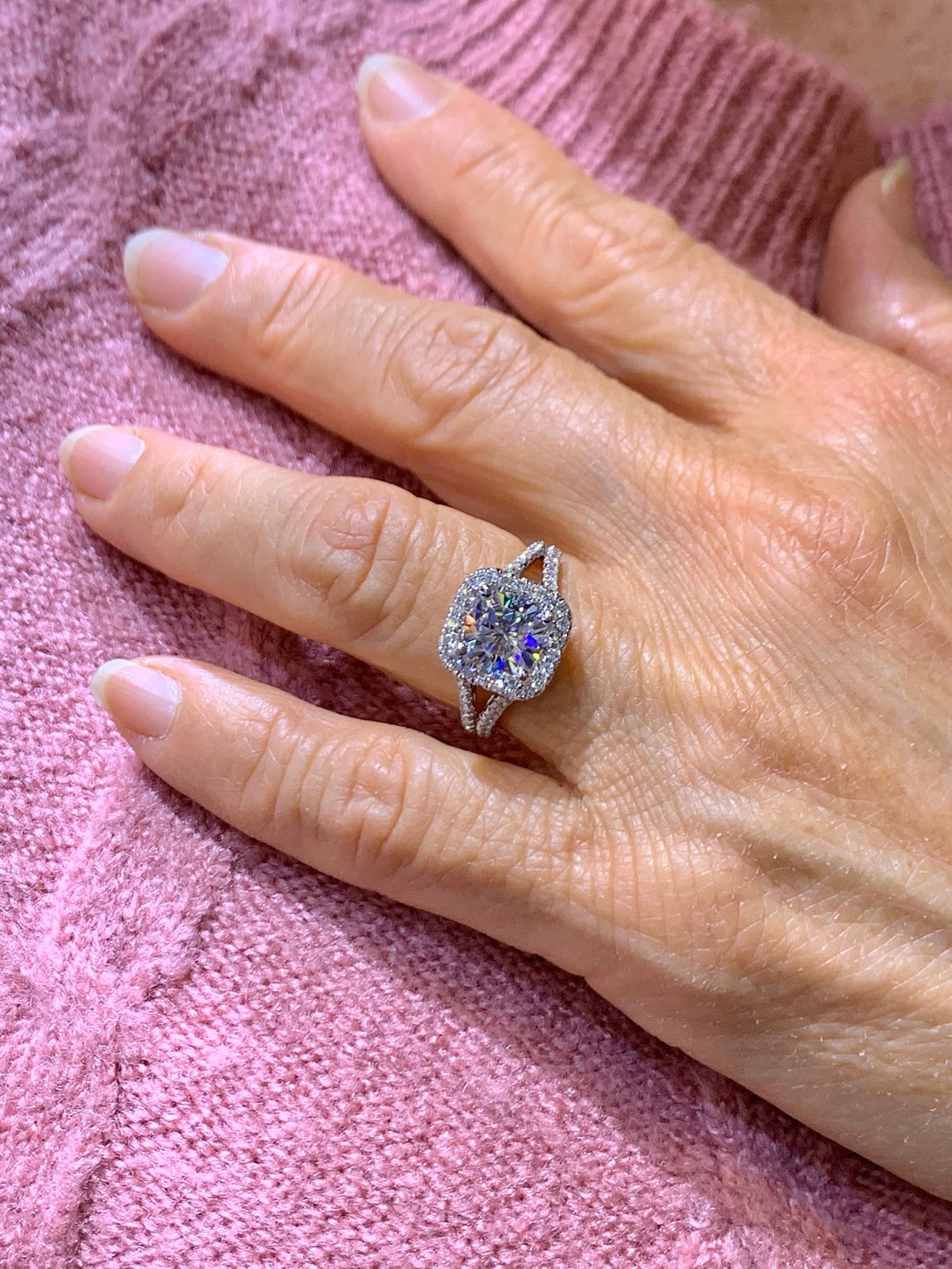 Cushion Cut Halo Diamond Engagement Ring 7.5mm Cushion | Etsy