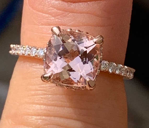 Cushion Morganite Ring Genuine Morganite Diamond Engagement Ring Rose Gold Under Halo Morganite Ring Morganite Promise Ring Etsy