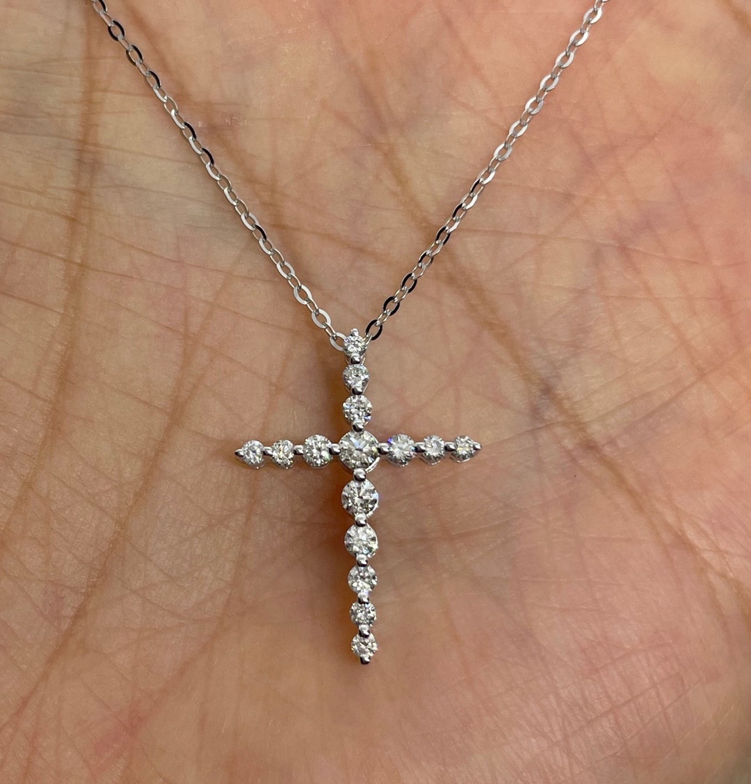 Genuine Diamond Cross, Diamond Cross Necklace, 18K White Gold Floating Diamond Cross Pendant ...