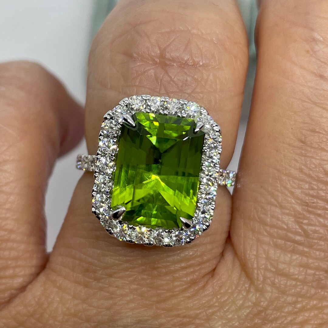 Peridot and Diamond Ring, Emerald Cut Peridot Ring, August Birthstone ...