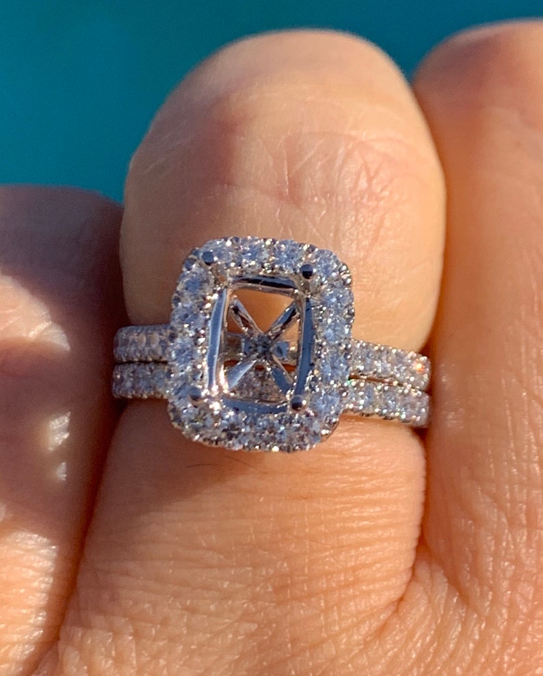 Diamond Semi Mount, Emerald Cut Diamond Setting, Radiant Halo Genuine ...