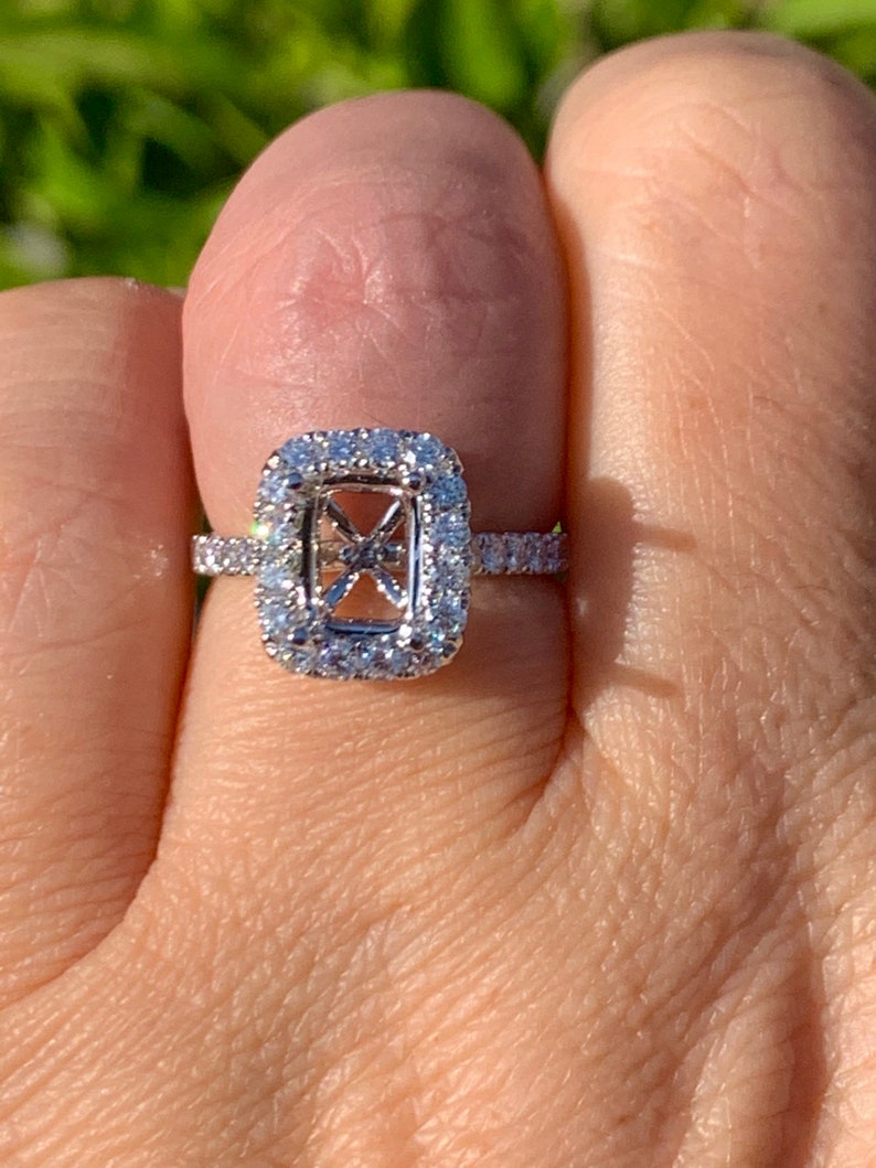 Diamond Semi Mount, Emerald Cut Diamond Setting, Radiant Halo Genuine ...