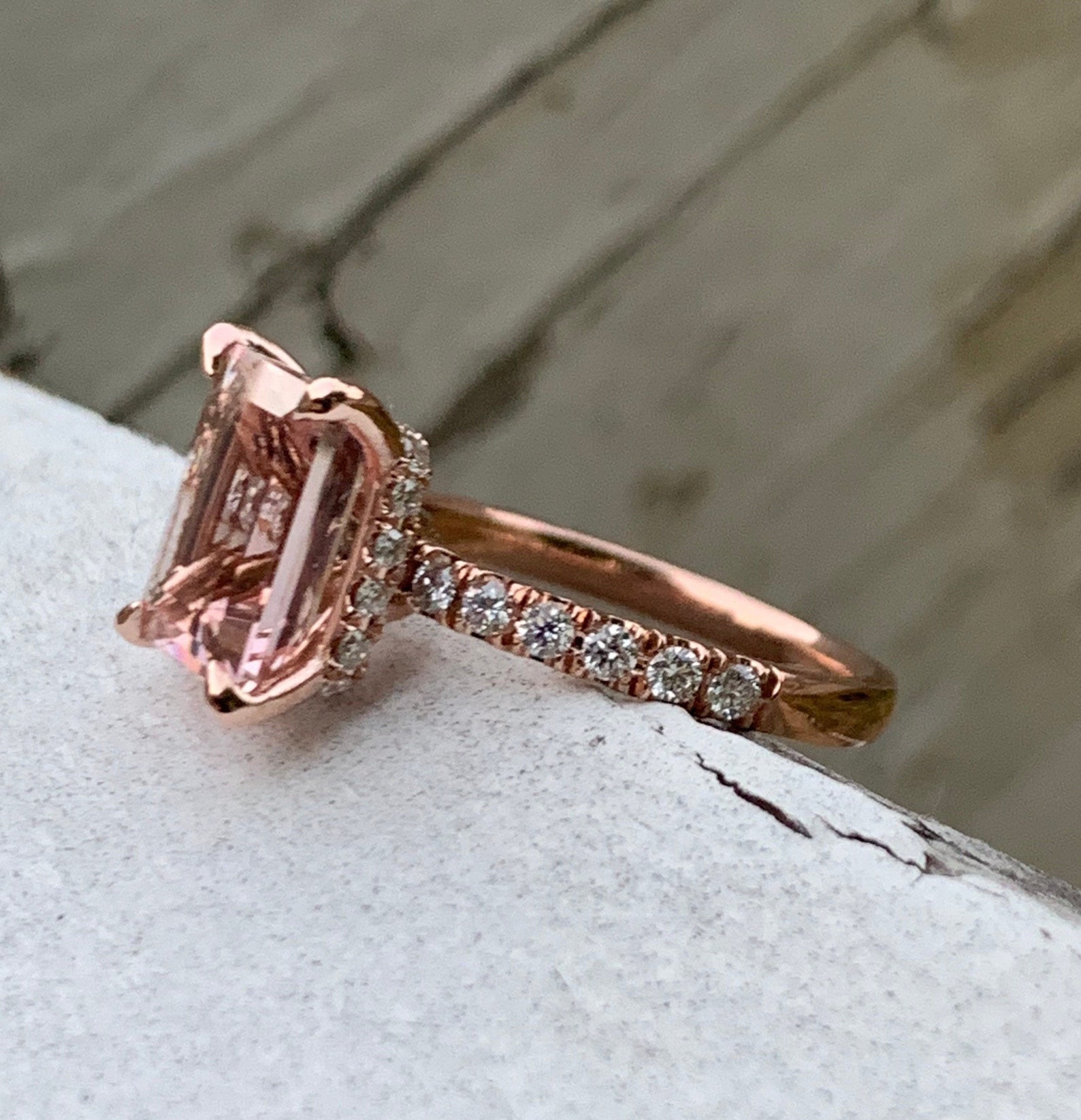 Emerald Cut Morganite Engagement Ring, Morganite Wedding Ring, 14K Rose ...