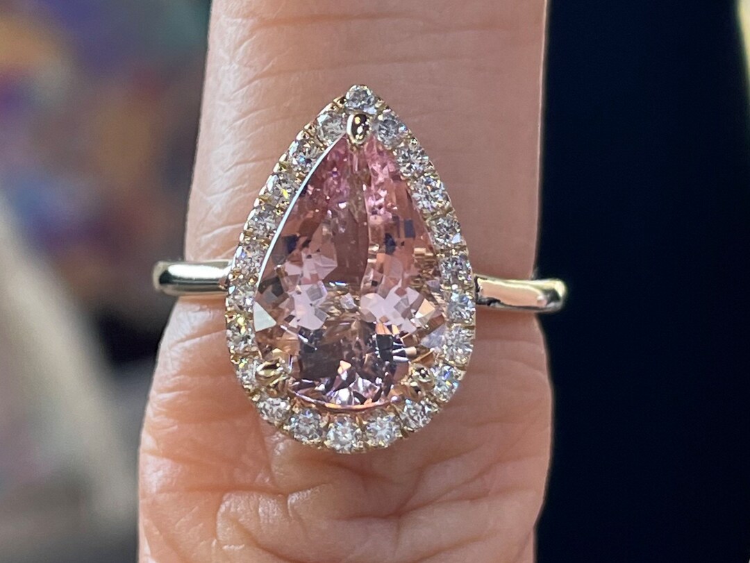 14K Yellow Gold Morganite Ring, Pear Shape Morganite Ring, Genuine ...