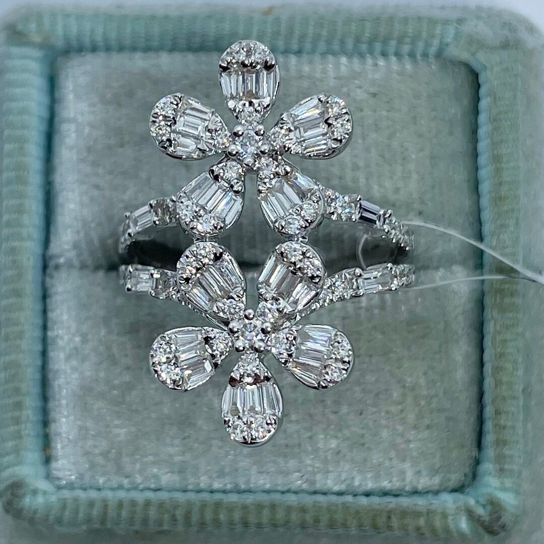 Flower Diamond Ring, White Gold Flower Ring, 2 Flower Ring, Diamond ...