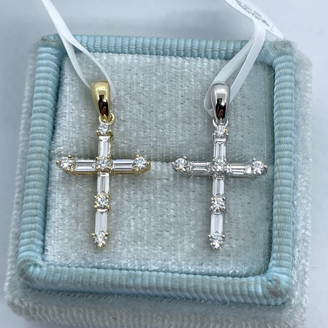 Baguette Diamond Cross Pendant, 18K Gold Necklace - Etsy