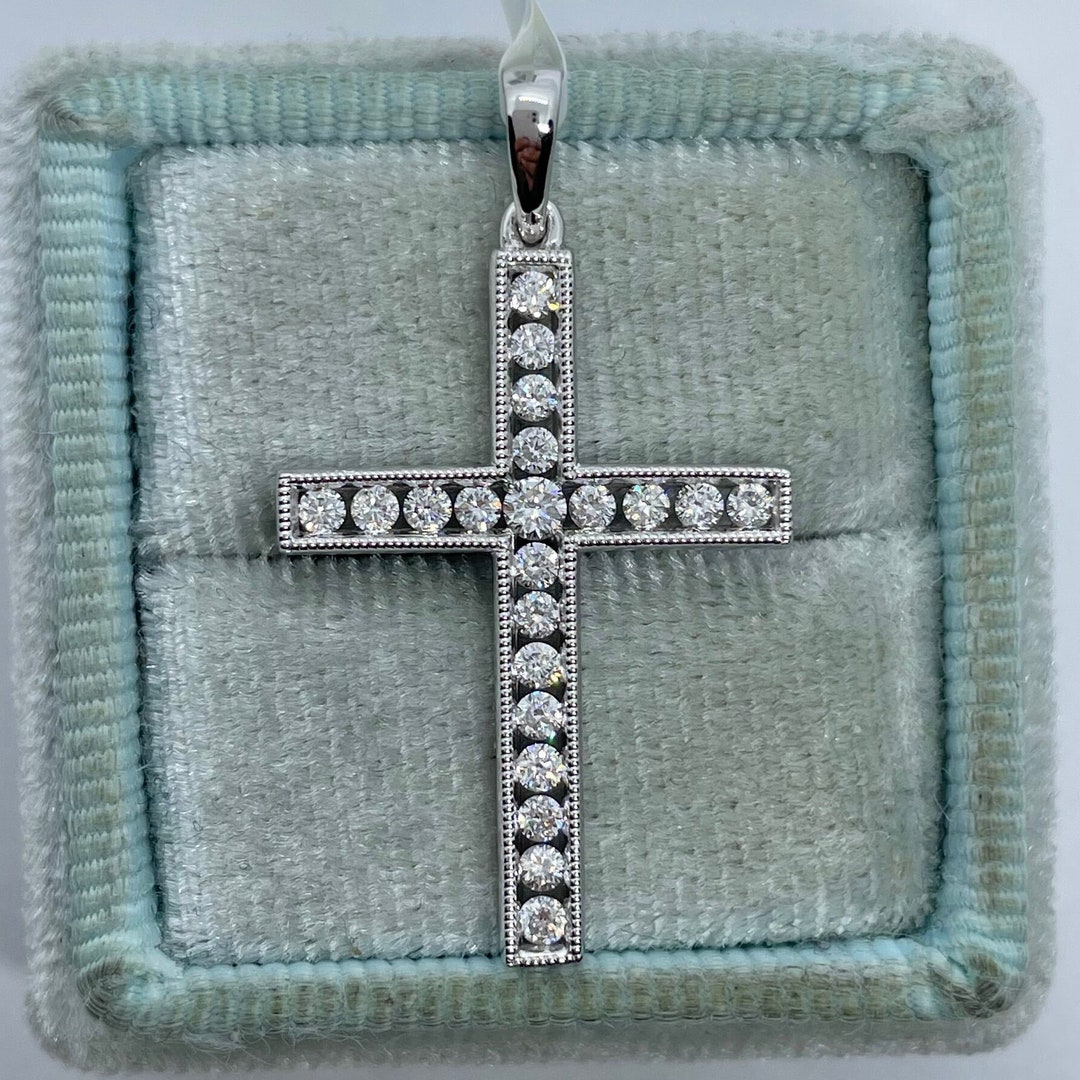 Diamond Cross Pendant, 14K White Gold Channel Set Diamond Cross, Unisex ...