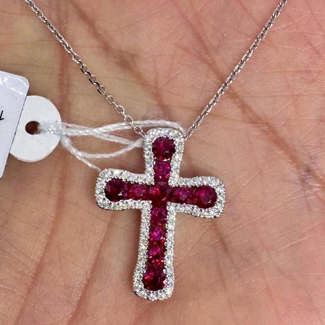 Genuine Ruby Diamond Cross Pendant, 18K White Gold Ruby Cross Necklace ...