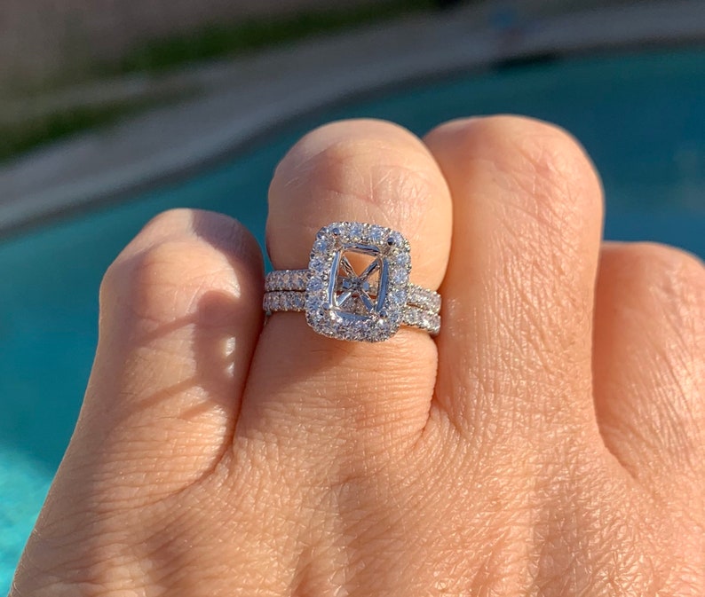Diamond Semi Mount, Emerald Cut Diamond Setting, Radiant Halo Genuine ...