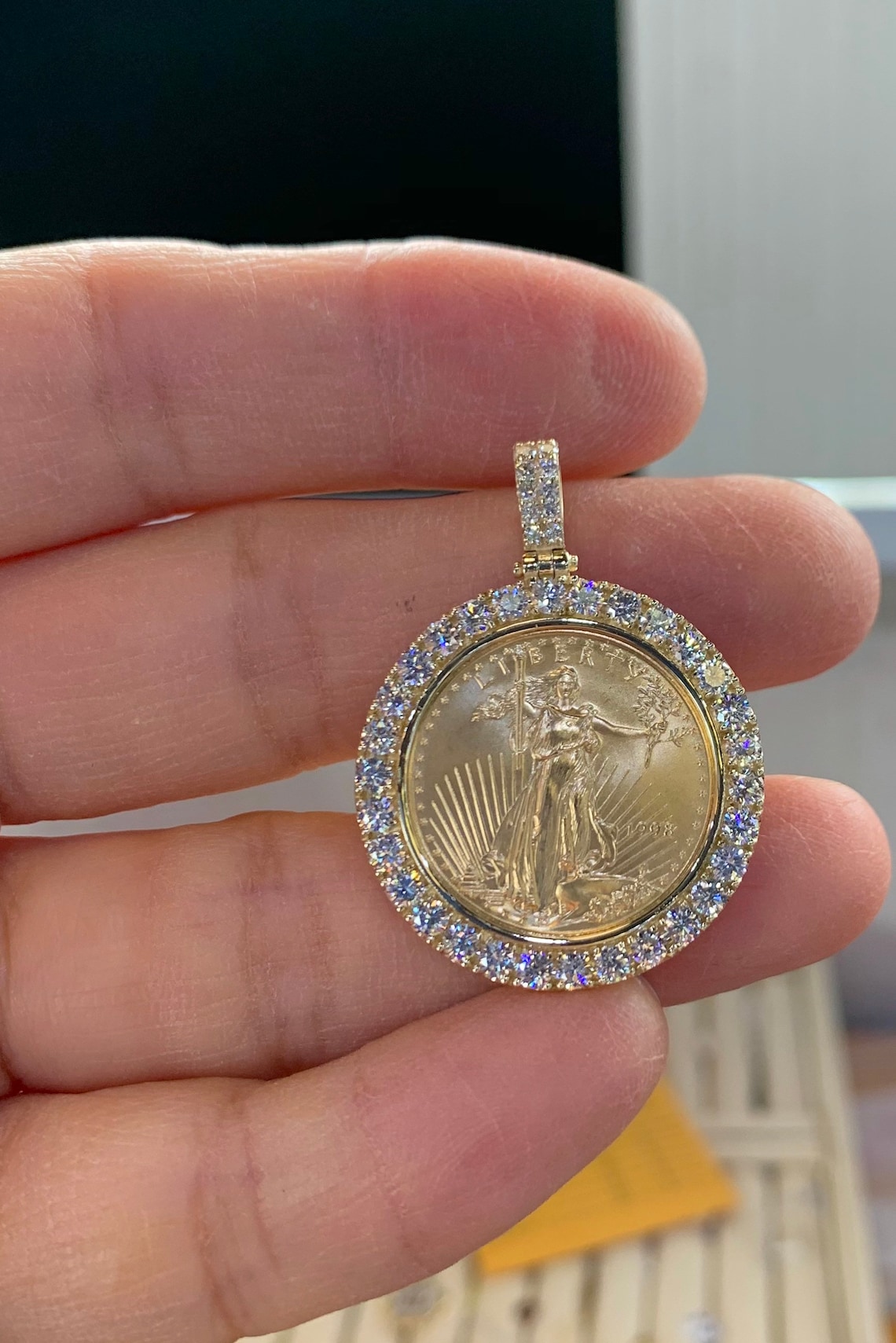Diamond Gold Coin Pendant Gold Coin Medallion Necklace Mens - Etsy