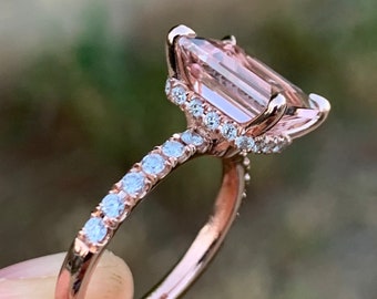 Emerald Cut Morganite Engagement Ring 10x8mm Emerald Cut Cushion Cut Morganite Wedding Ring 14K Rose Gold Under Halo Pink Morganite Etsy