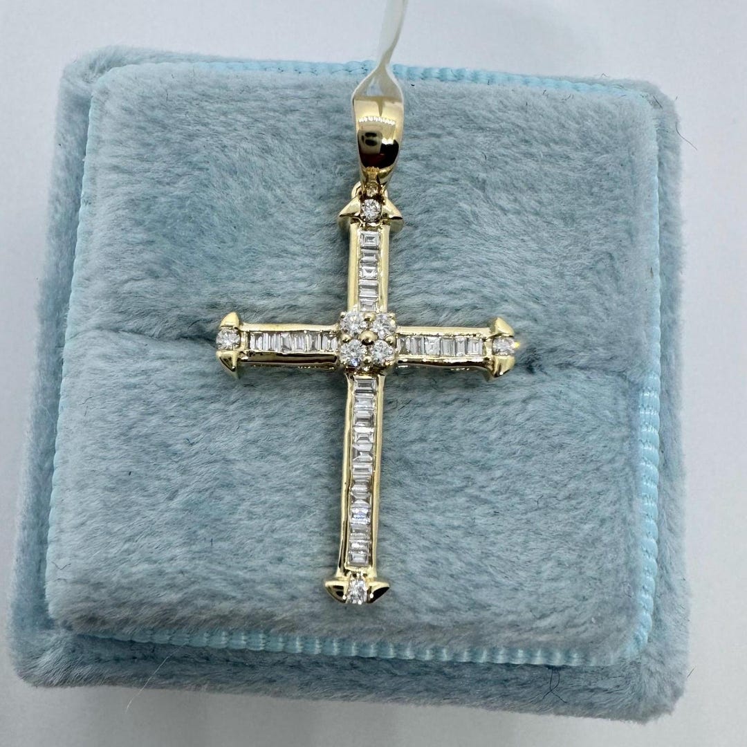 14K Yellow Gold Diamond Cross Pendant, Genuine Diamond Cross, Small ...