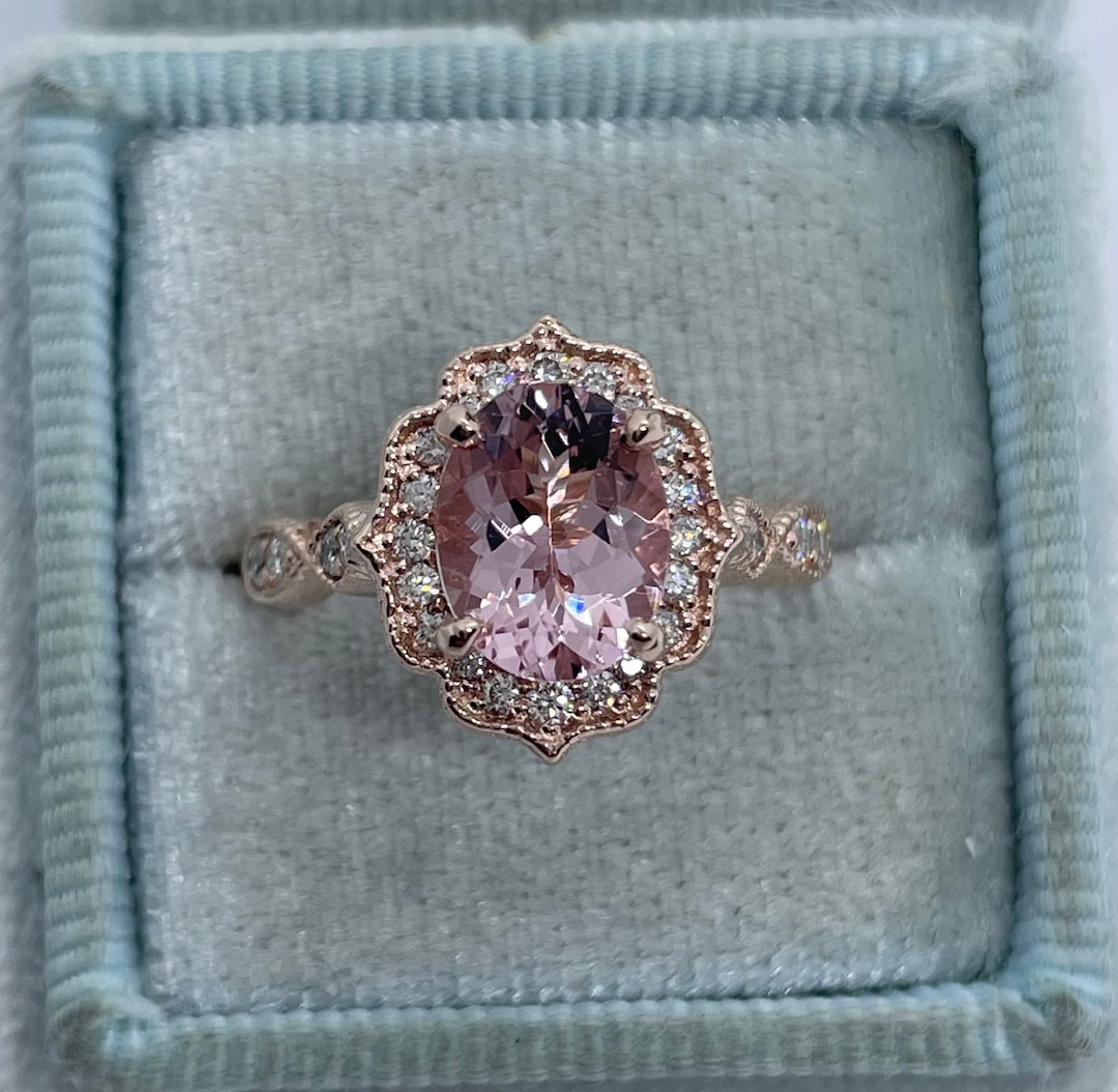 Peachy Pink Morganite Engagement Ring, 14K Rose Gold Morganite Ring ...