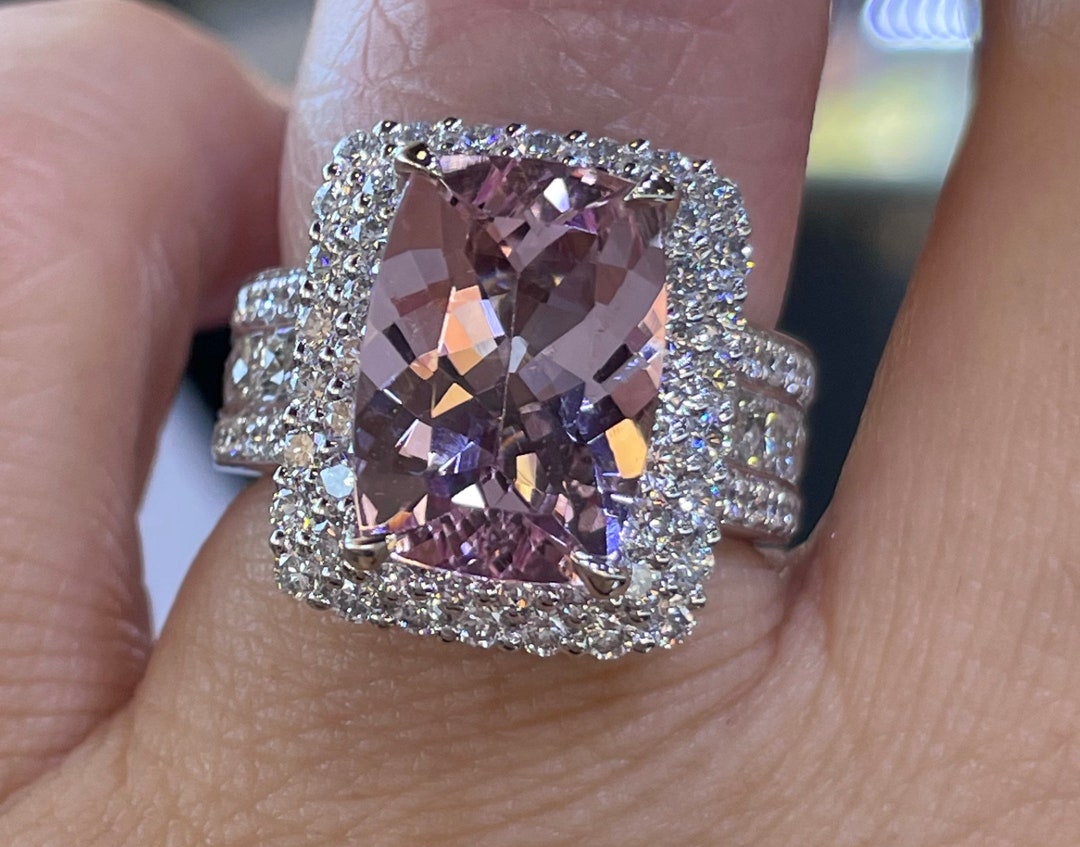 Cushion Cut Morganite Ring, 18K White Gold Halo Morganite Wedding Ring ...