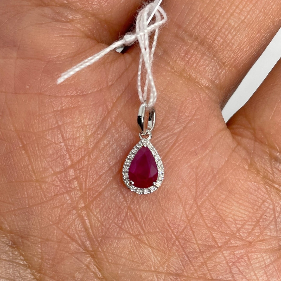 Dainty Ruby Diamond Pendant, 18K White Gold Dainty Ruby Necklace ...