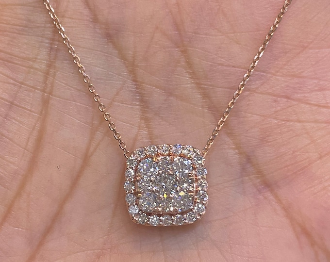Rose Gold Diamond Necklace, Square Diamond Pendant, 14K Rose Gold ...