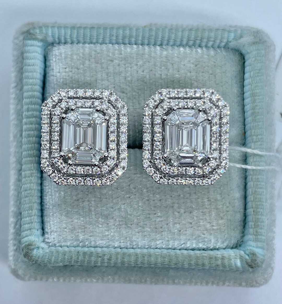 Emerald Cut Diamond Earrings, Diamond Stud Earrings, 18K White Gold ...