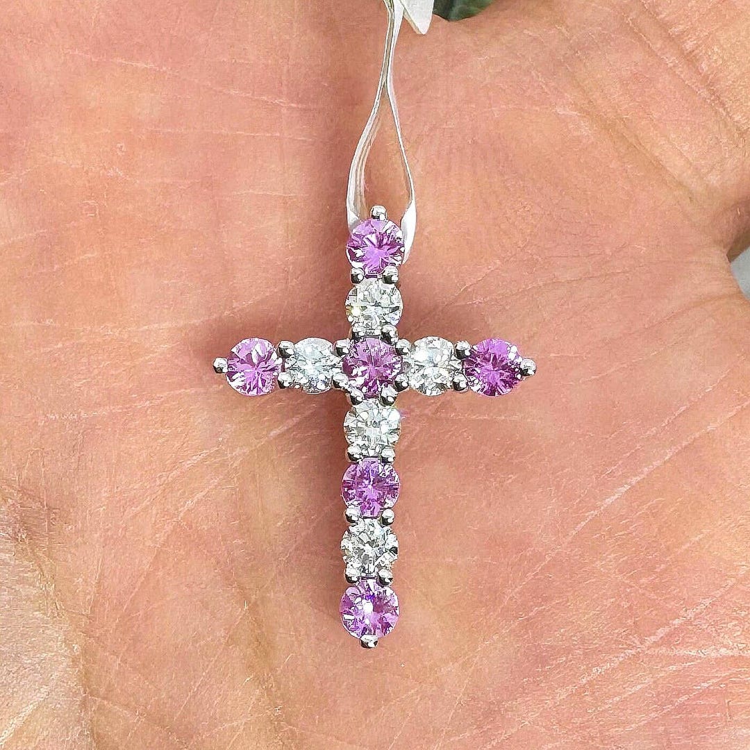 Pink Cross Necklace, Cross Necklace, Pink Sapphire Cross, 18K White ...