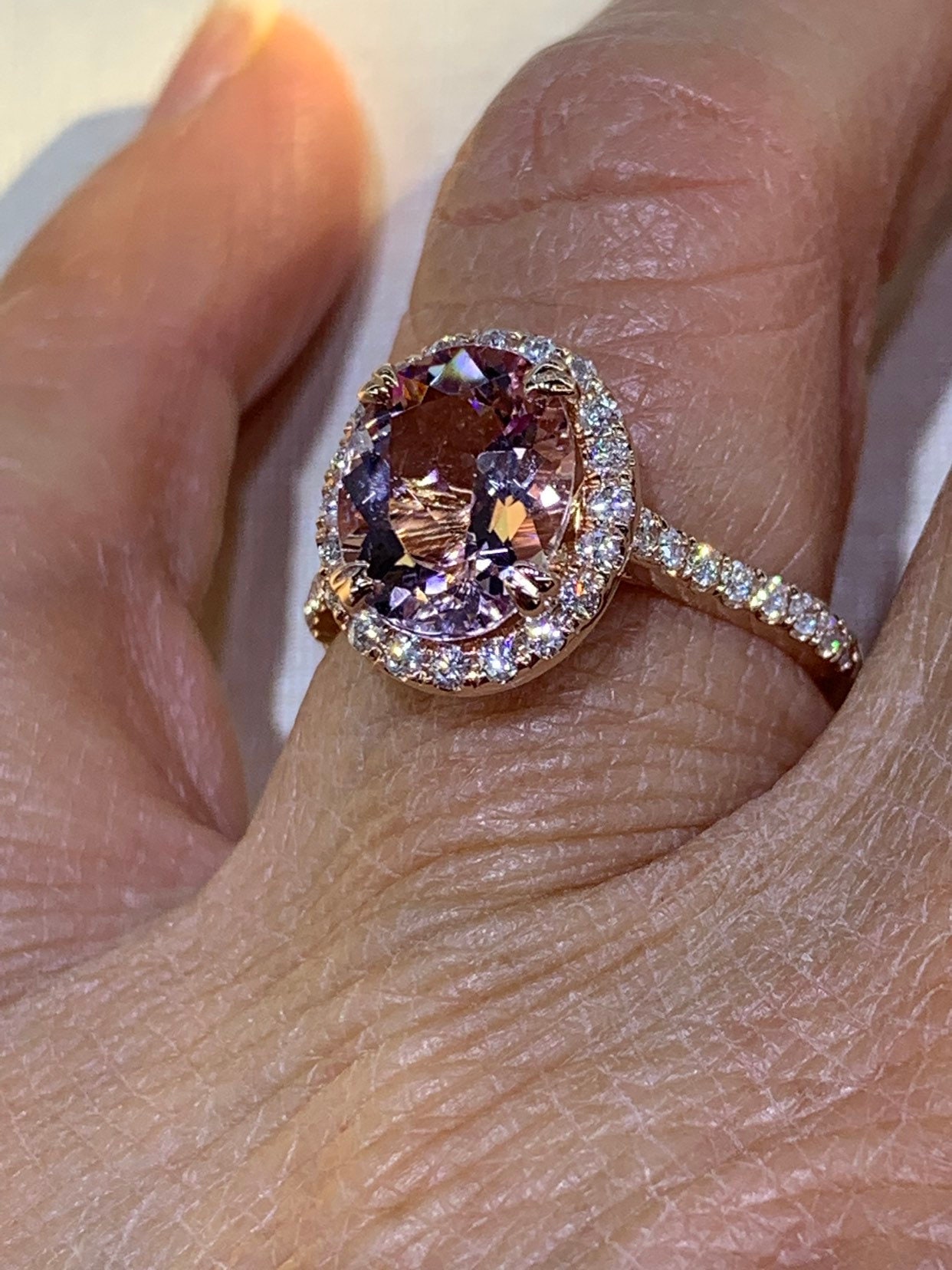 Oval Cut Morganite Ring 14k Rose Gold Oval 9x7 Morganite Halo Etsy