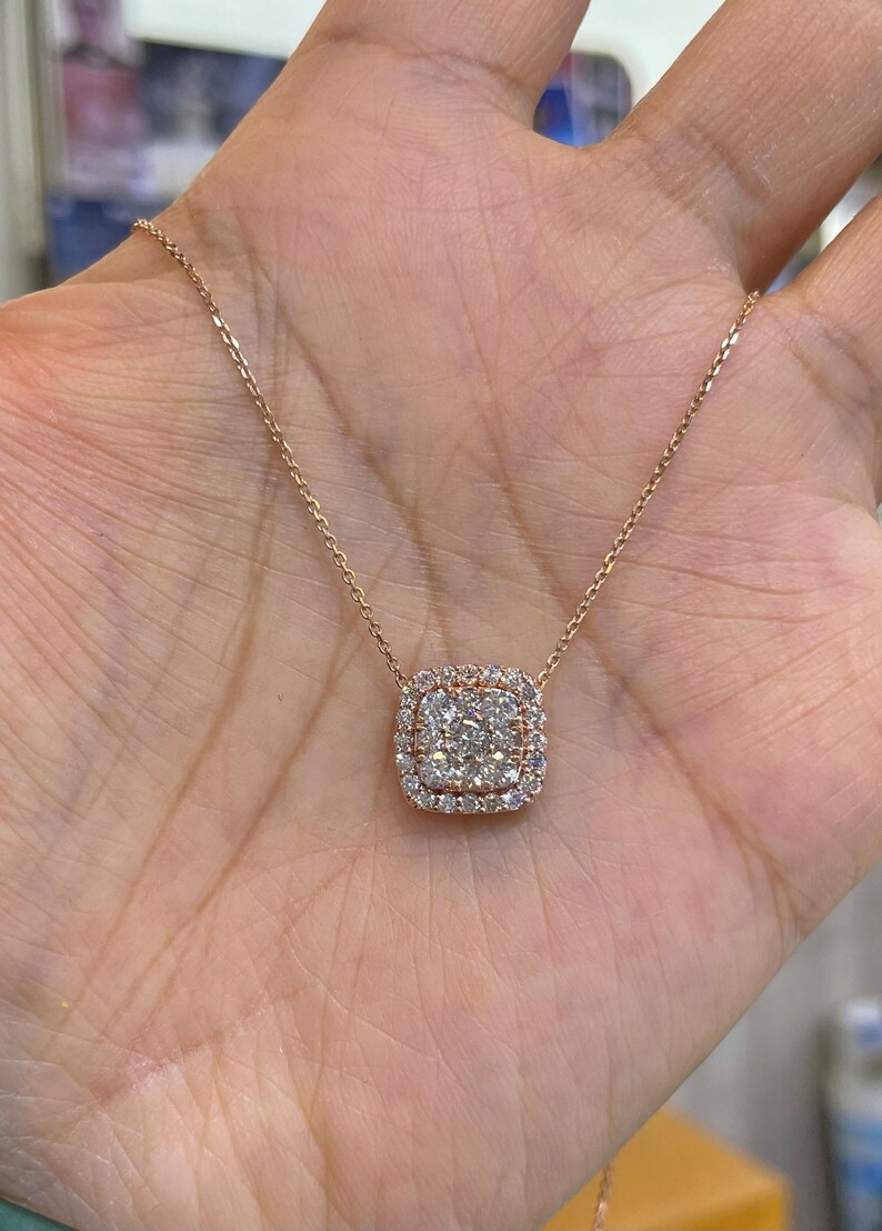 Rose Gold Diamond Necklace Square Diamond Pendant 14K Rose - Etsy