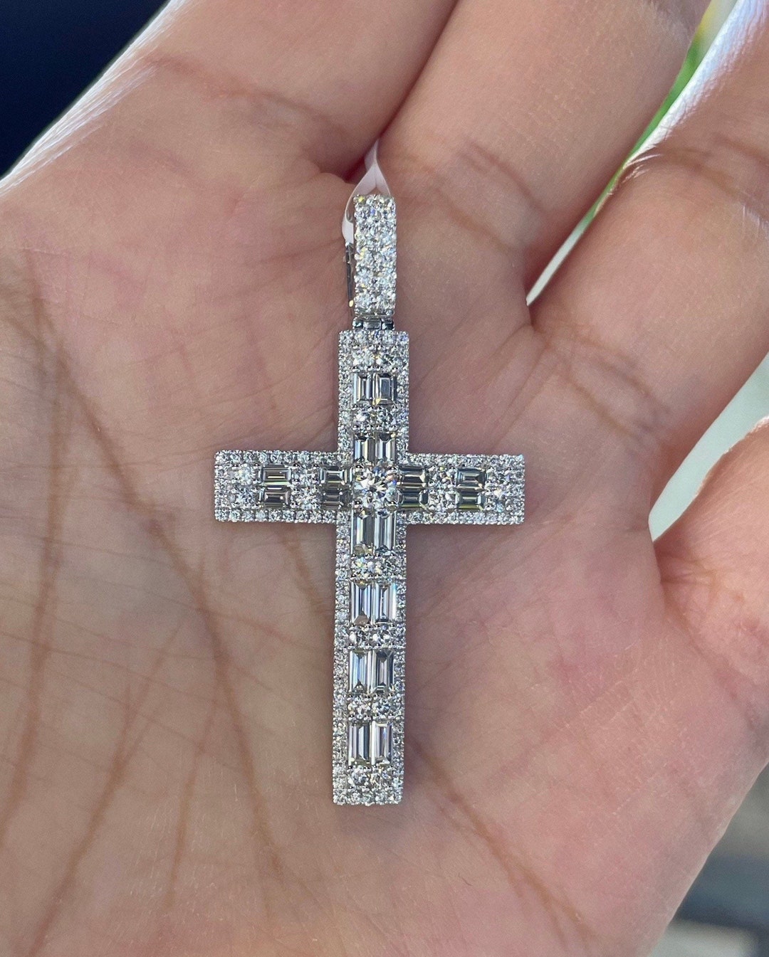 Men Diamond Cross, 18K White Gold Diamond Cross Necklace, Baguette and ...