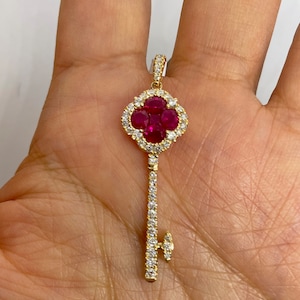 Ruby Key Necklace, 18K Yellow Gold Diamond Key Pendant Charm Necklaces ...