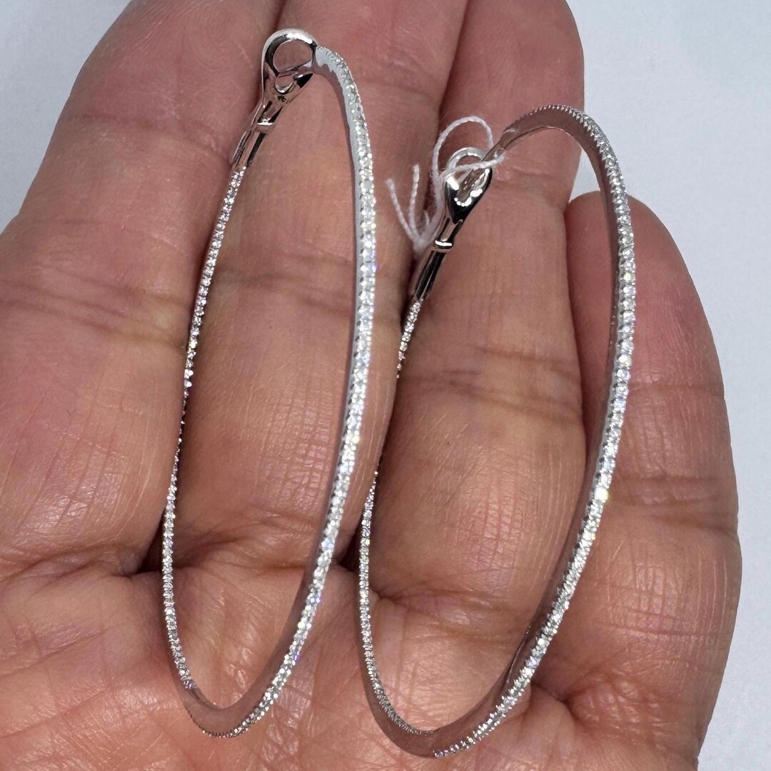 Thin Diamond Hoops, 18K White Gold Diamond Hoops, Big Diamond Hoop ...