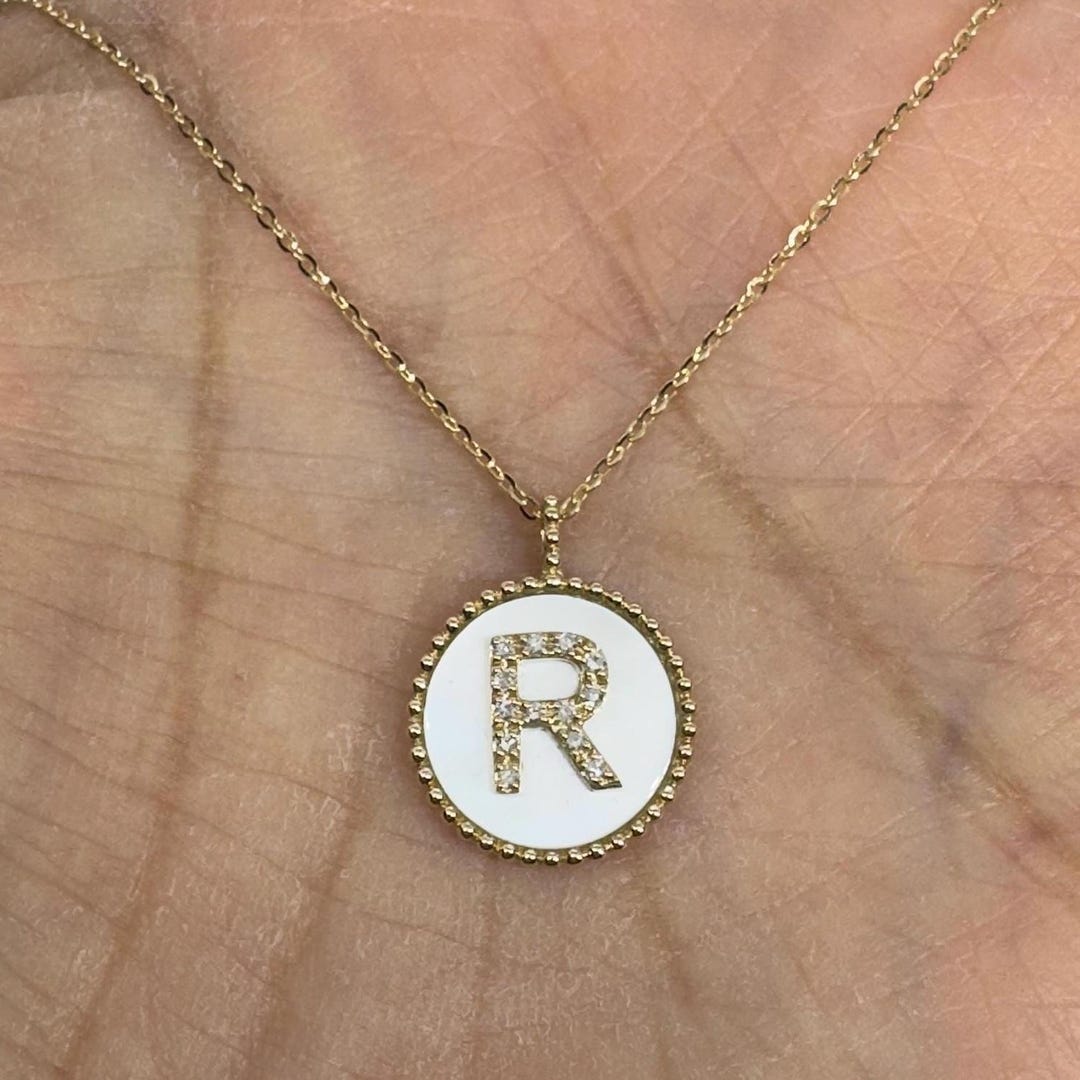 Diamond Initial Necklace, 14K Yellow Gold Initial R Pendant, Dainty ...