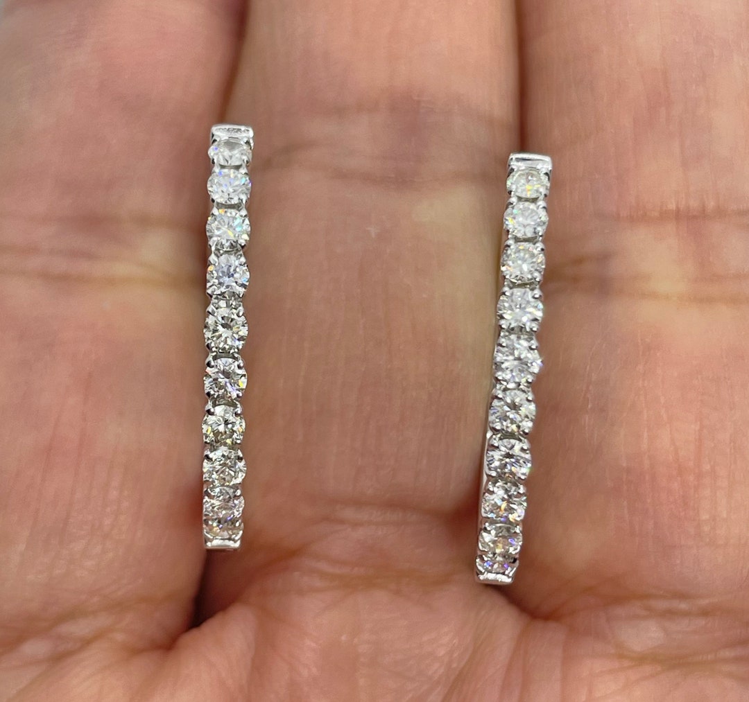 Genuine Diamond Hoop Earrings, 14K Gold Diamond Hoops, Natural Diamond ...