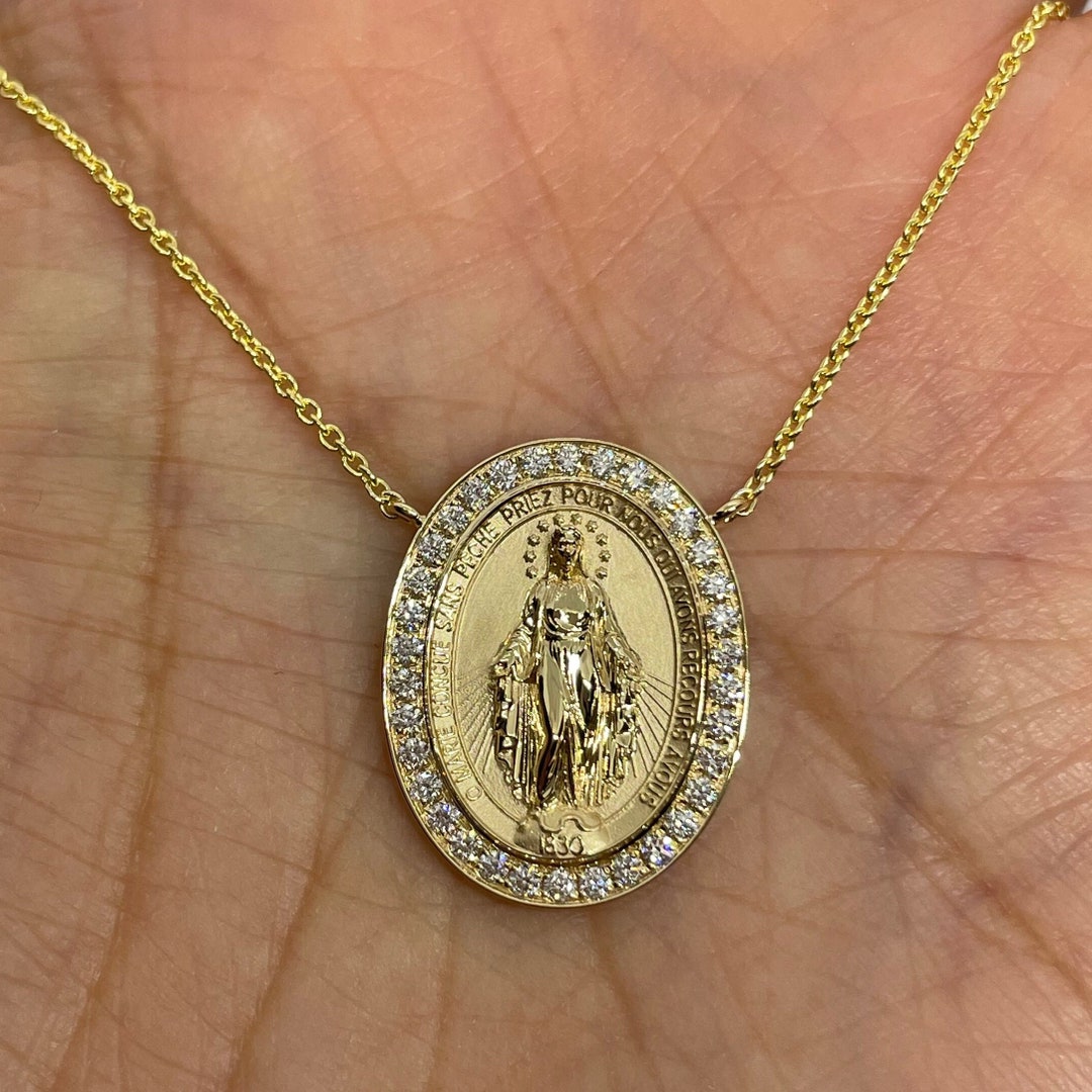 Miraculous Medal Gold Necklace, 18K White Gold Miraculous Medal, Our ...