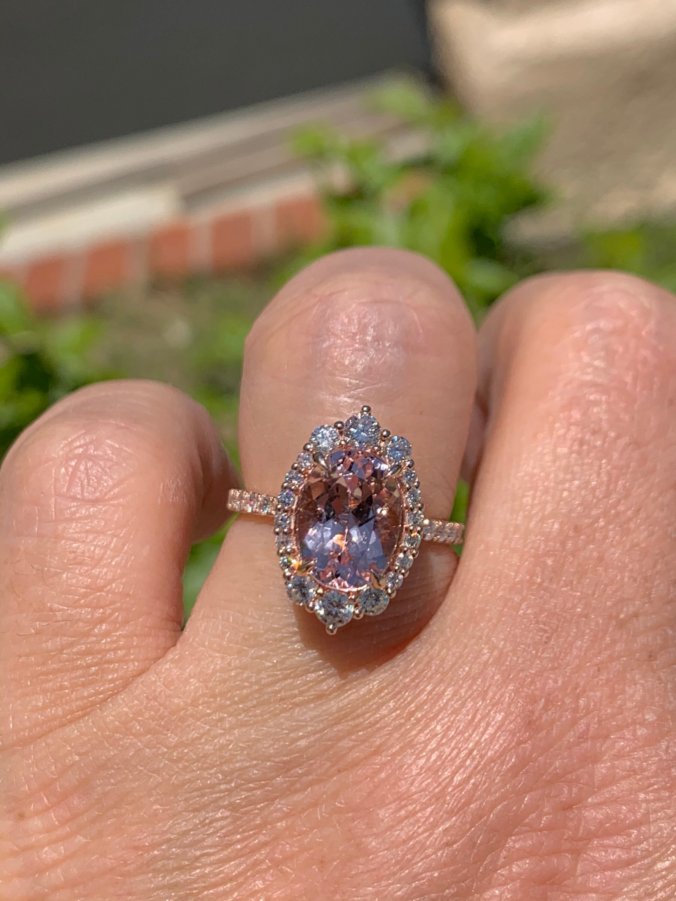 Oval Peach Morganite Diamond Halo Engagement Ring, 14k Rose Gold - Etsy
