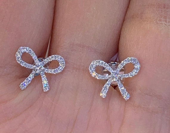 Diamond Bow Earrings Bow Diamond Studs 18K White Gold Diamond Bow Earrings Etsy Canada
