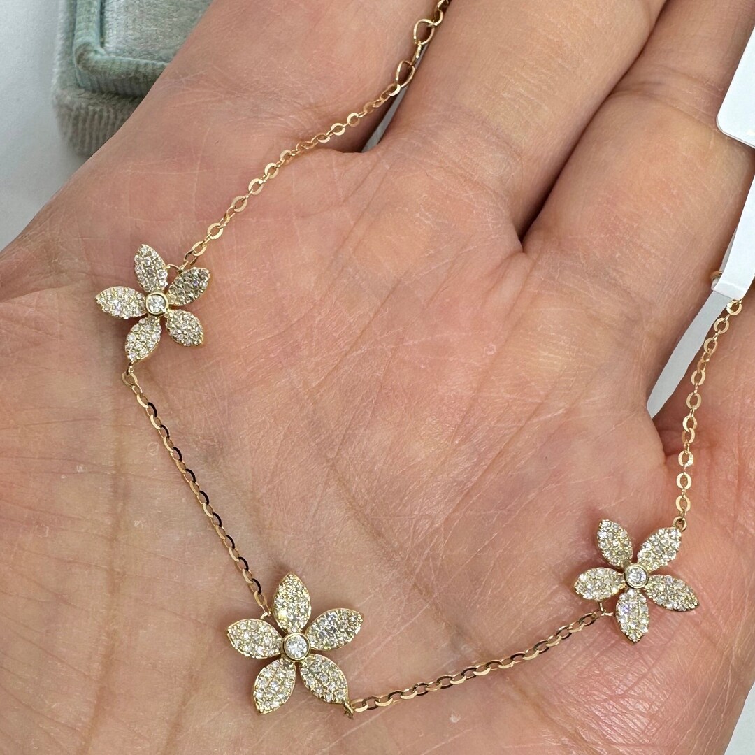 Flower Diamond Bracelet 14k Yellow Gold Diamond Flower Bracelet