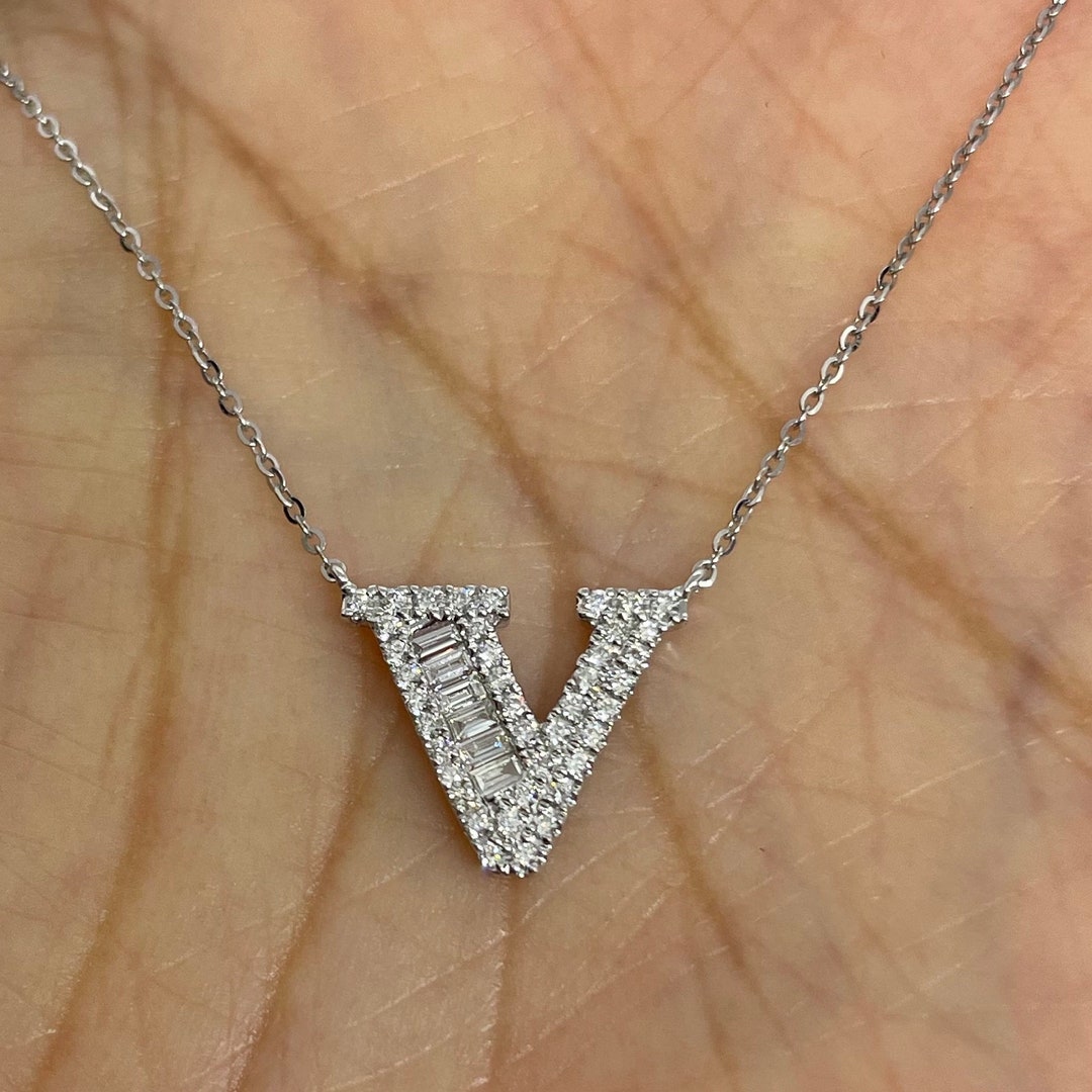 Buy V Initial Pendant, 18K Yellow Gold Diamond Letter Necklace, Diamond ...