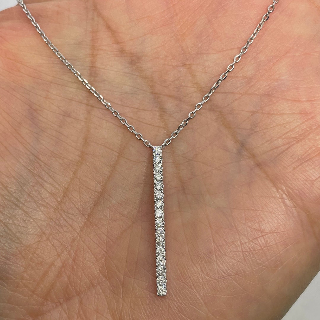 Vertical Diamond Bar Necklace, Diamond Vertical Bar Pendant, 14K Yellow ...