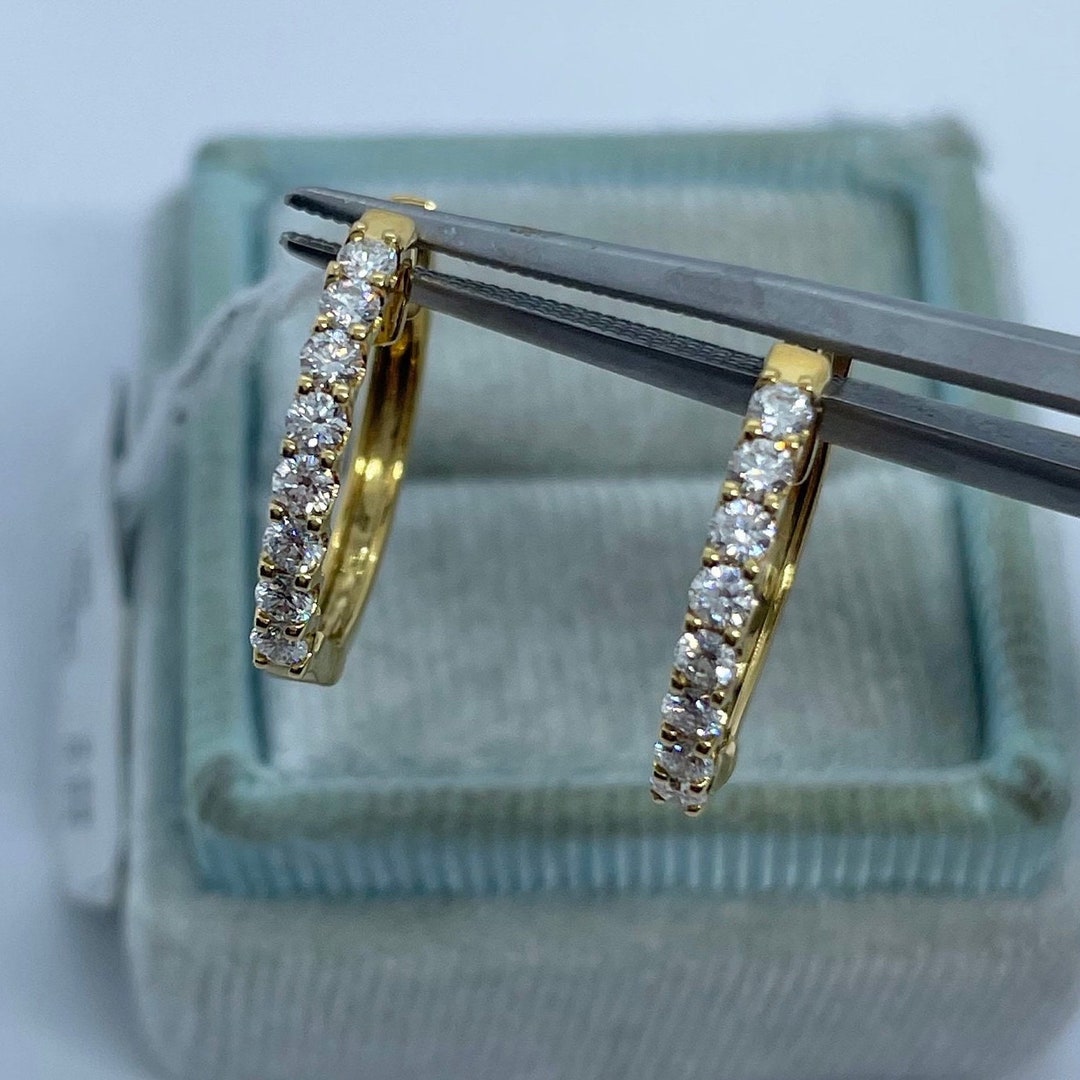Genuine Diamond Hoop Earrings, 18K Yellow Gold Diamond Hoops, Diamond ...