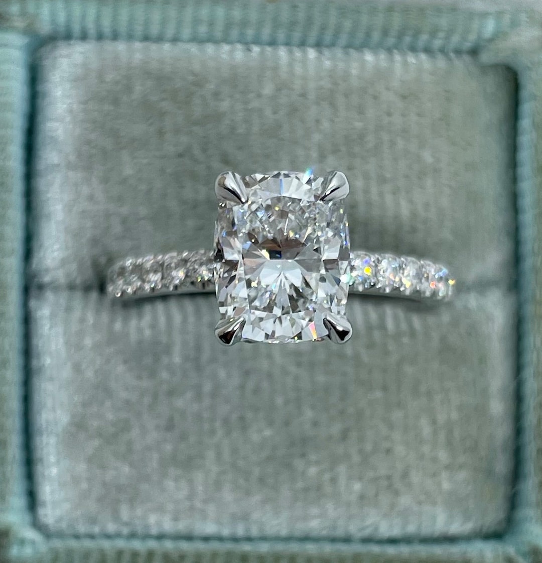 Elongated Cushion Cut Engagement Ring 18K White Gold, Certified 2 ...