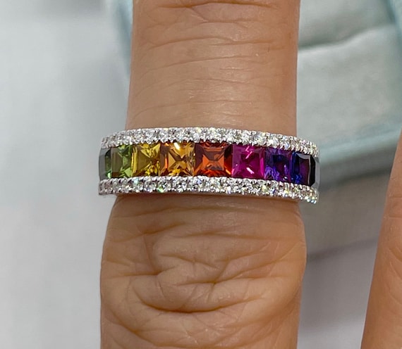 Rainbow Sapphire Ring Natural Multicolor Sapphire and Diamond - Etsy
