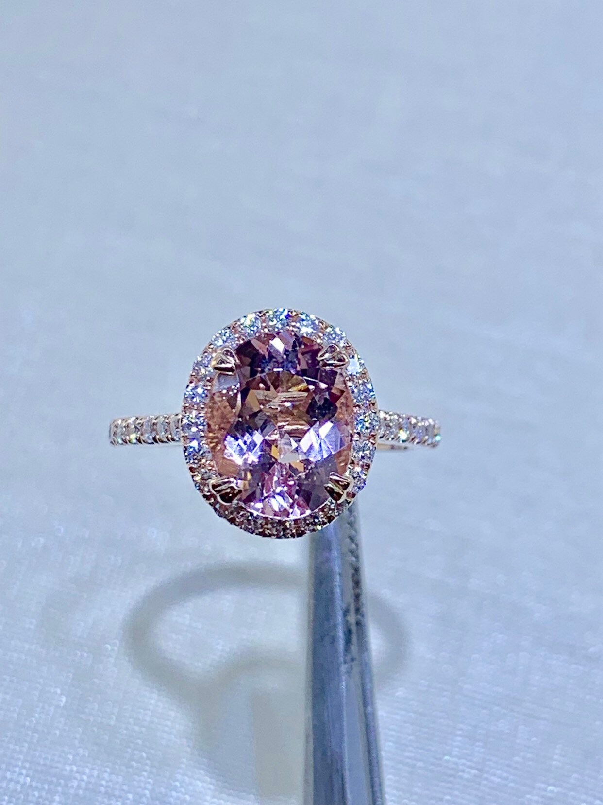 Oval Cut Morganite Ring 14k Rose Gold Oval 9x7 Morganite Halo Etsy