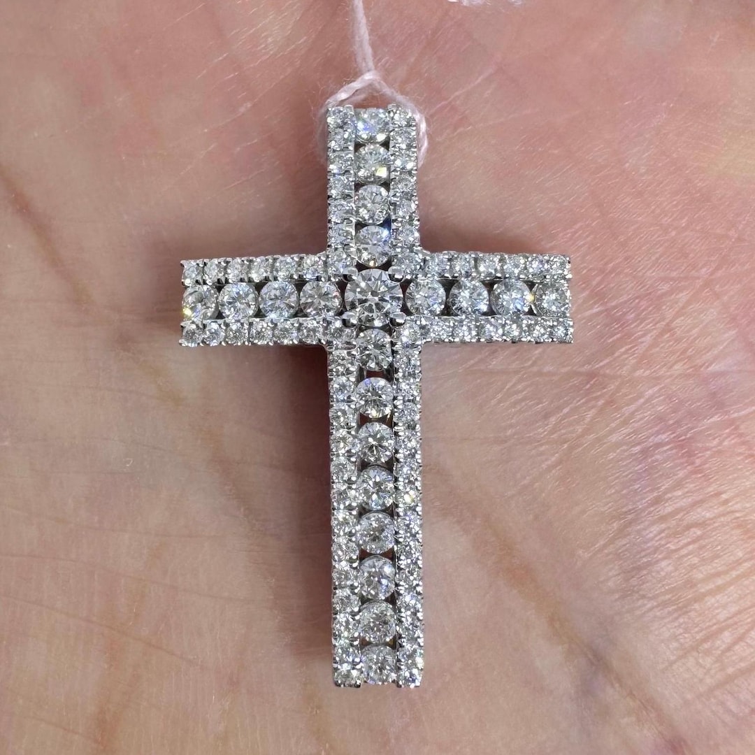 Diamond Cross Necklace, Square Diamond Cross 18K White Gold, Round ...