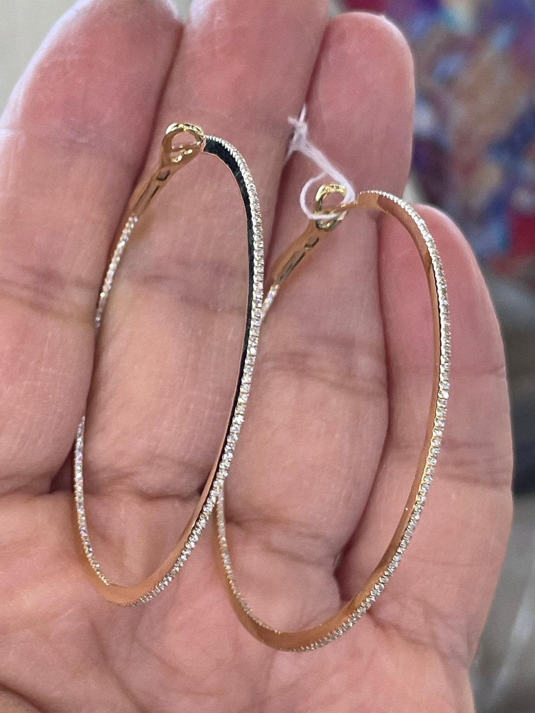 18K Yellow Gold Diamond Hoops, Thin Diamond Hoops, Big Diamond Hoop ...