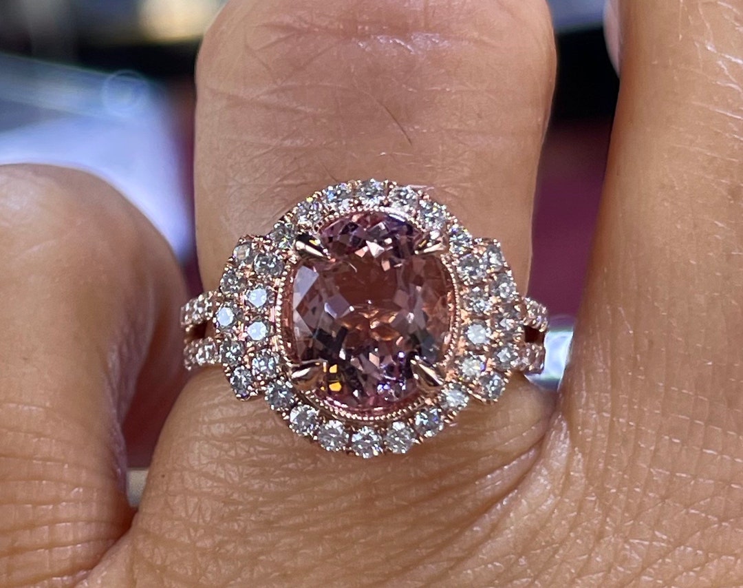Pink Morganite Ring, Oval Morganite Ring, Morganite Halo Wedding Ring ...