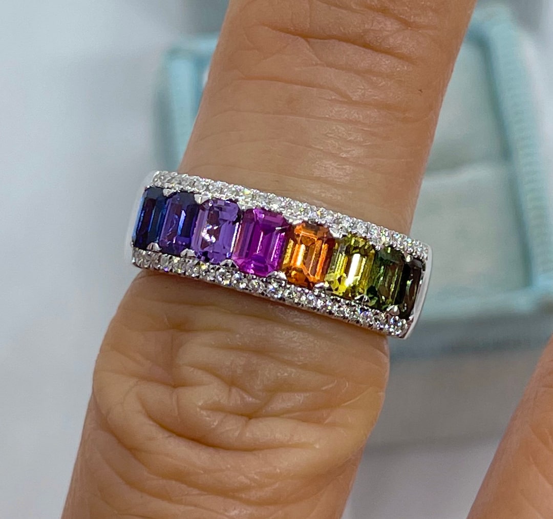 Rainbow Sapphire Ring, Natural Multicolor Sapphire and Diamond Band ...