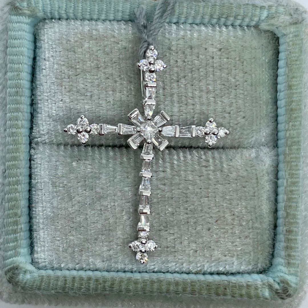 Dainty Diamond Cross Pendant, Baguette and Round Diamond Cross, Dainty ...