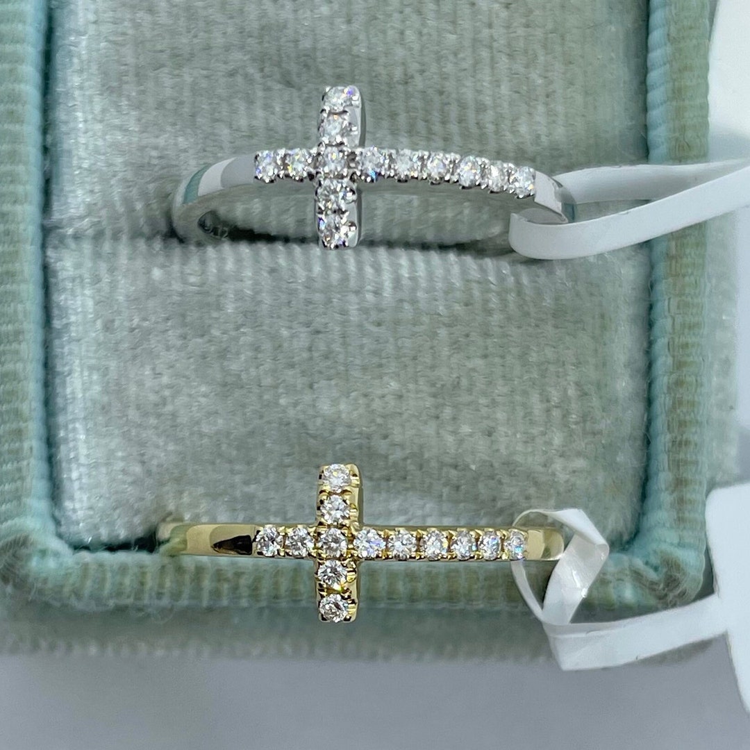 Sideways Diamond Cross Ring, Yellow Gold Cross Diamond Ring, 18K Gold ...
