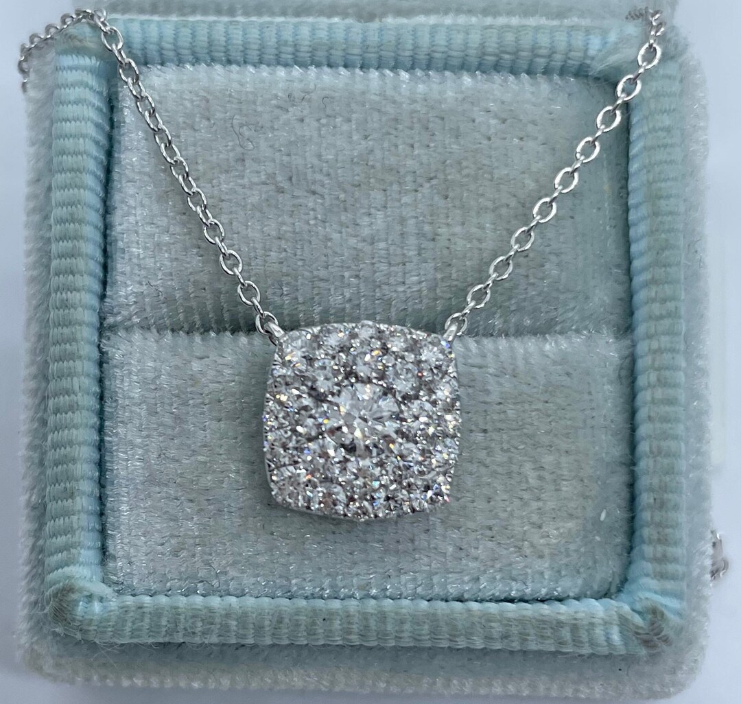 Square Diamond Pendant Necklace, Diamond Pendant Cushion Halo, 18K ...
